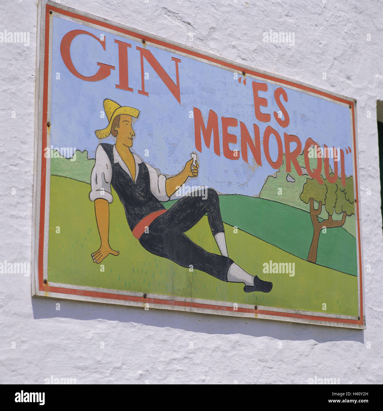 Spain, Menorca, Mao, outside wall, detail, sign, "gin it, Menorqui" the ...