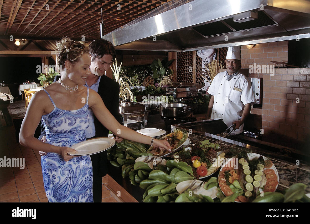 Hotel, couple, young, cold buffet, fish dishes gastronomy, hotel ...