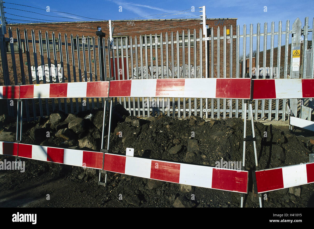 Excavation pit, blocking, security men at work, mine, selection, red ...