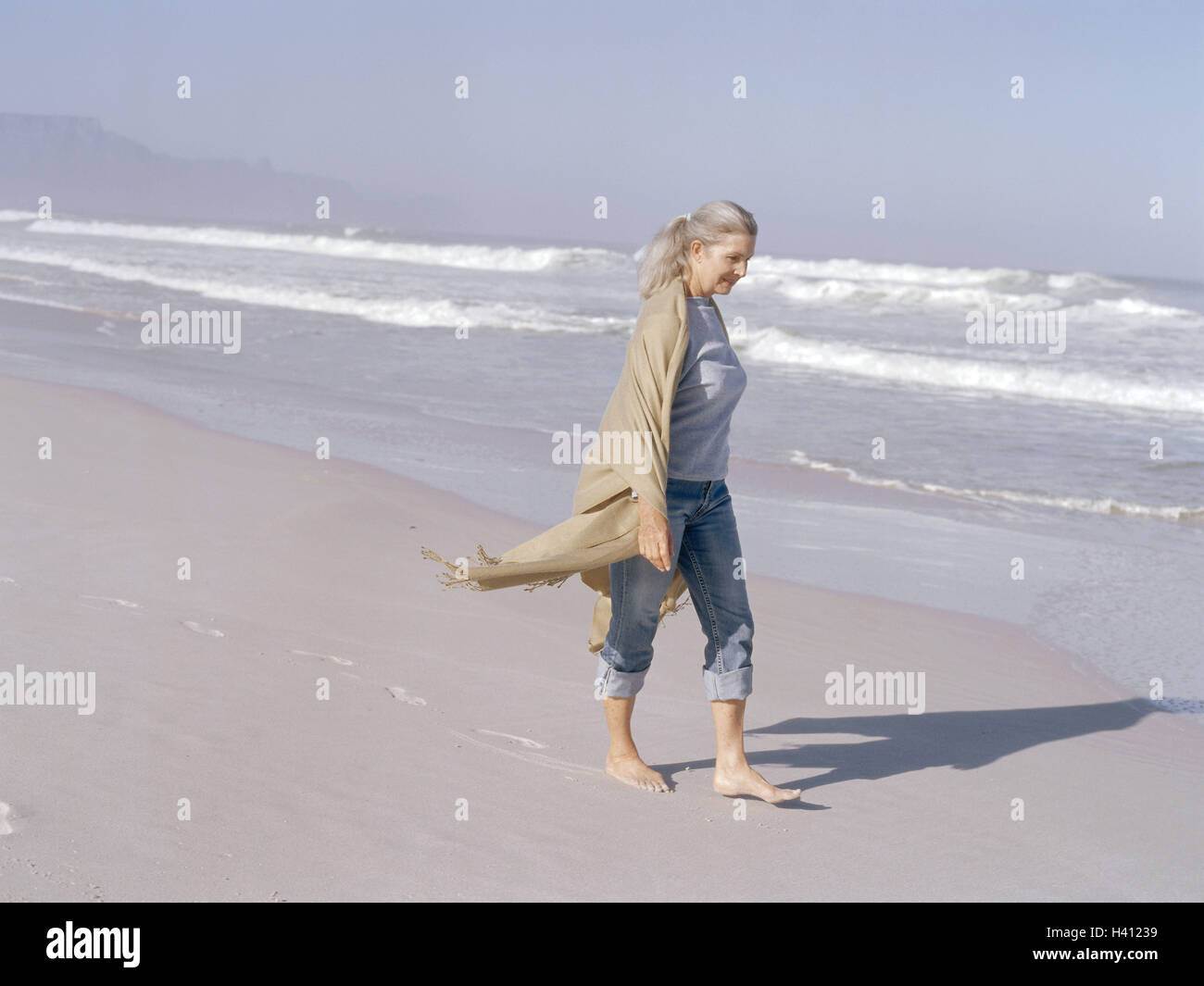 Sandy beach, sea, senior, happy, beach walk, side view, woman, Best Age ...