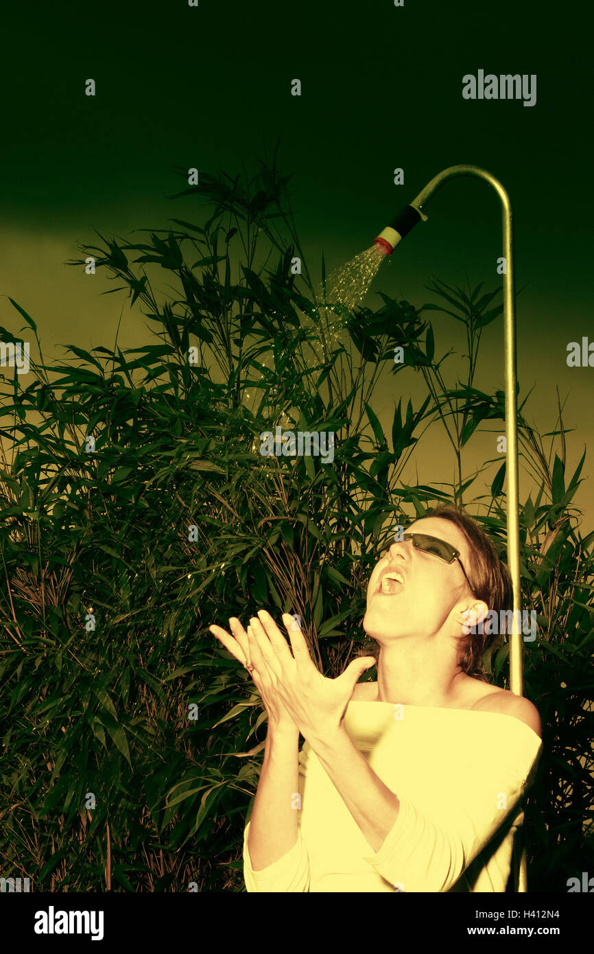 Garden, douche, woman, gesture, enjoy, dusk, summer, leisure time ...