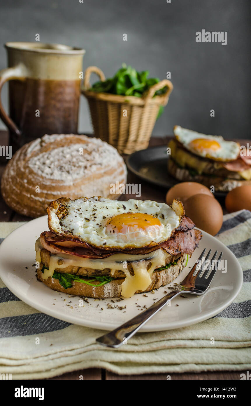 Croque madame delicious french breakfast with ham, cheese, egg and ...