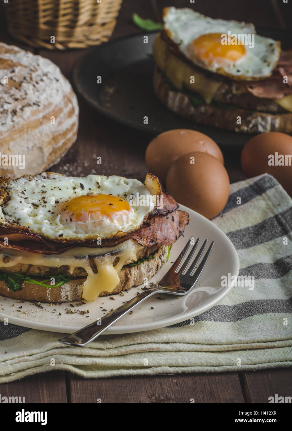 Croque madame delicious french breakfast with ham, cheese, egg and ...
