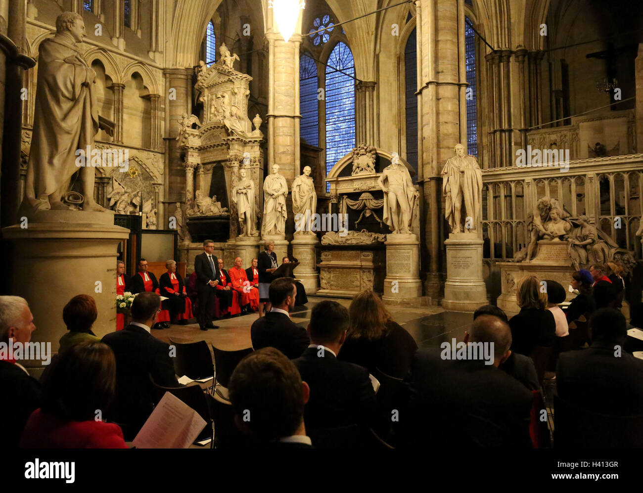 Prime Minister Theresa May speaking at Westminster Abbey in London ...