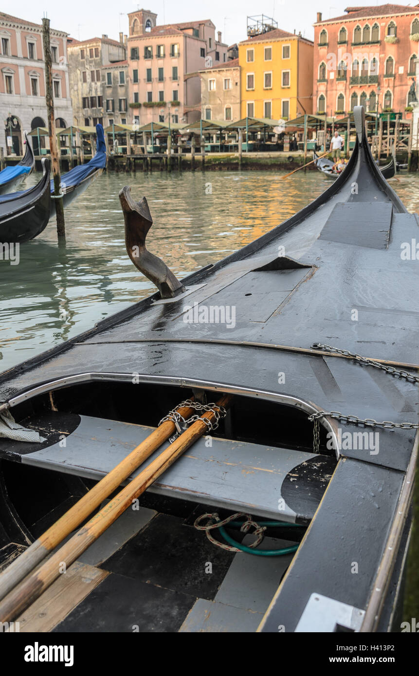 Gondola on the grand canal, inside, close up with yellow, orange ...