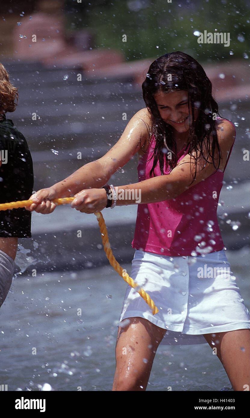 Town, well, teenager's girl, rope, drag, water, splash, outside, girls ...
