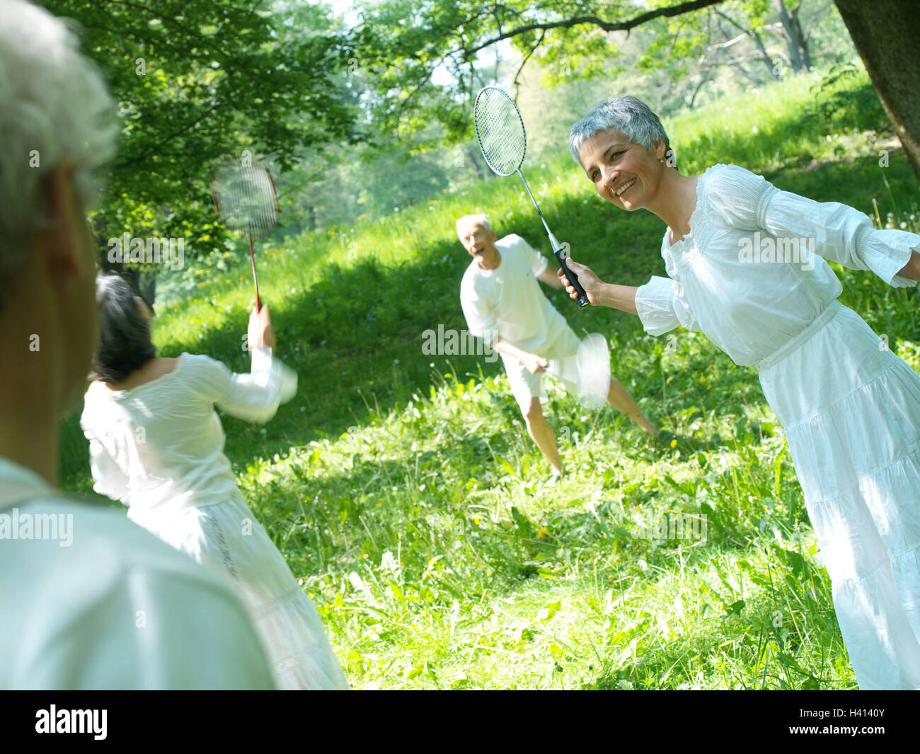 Garden, Senior couples, shuttlecock play, senior citizens, couples, two ...