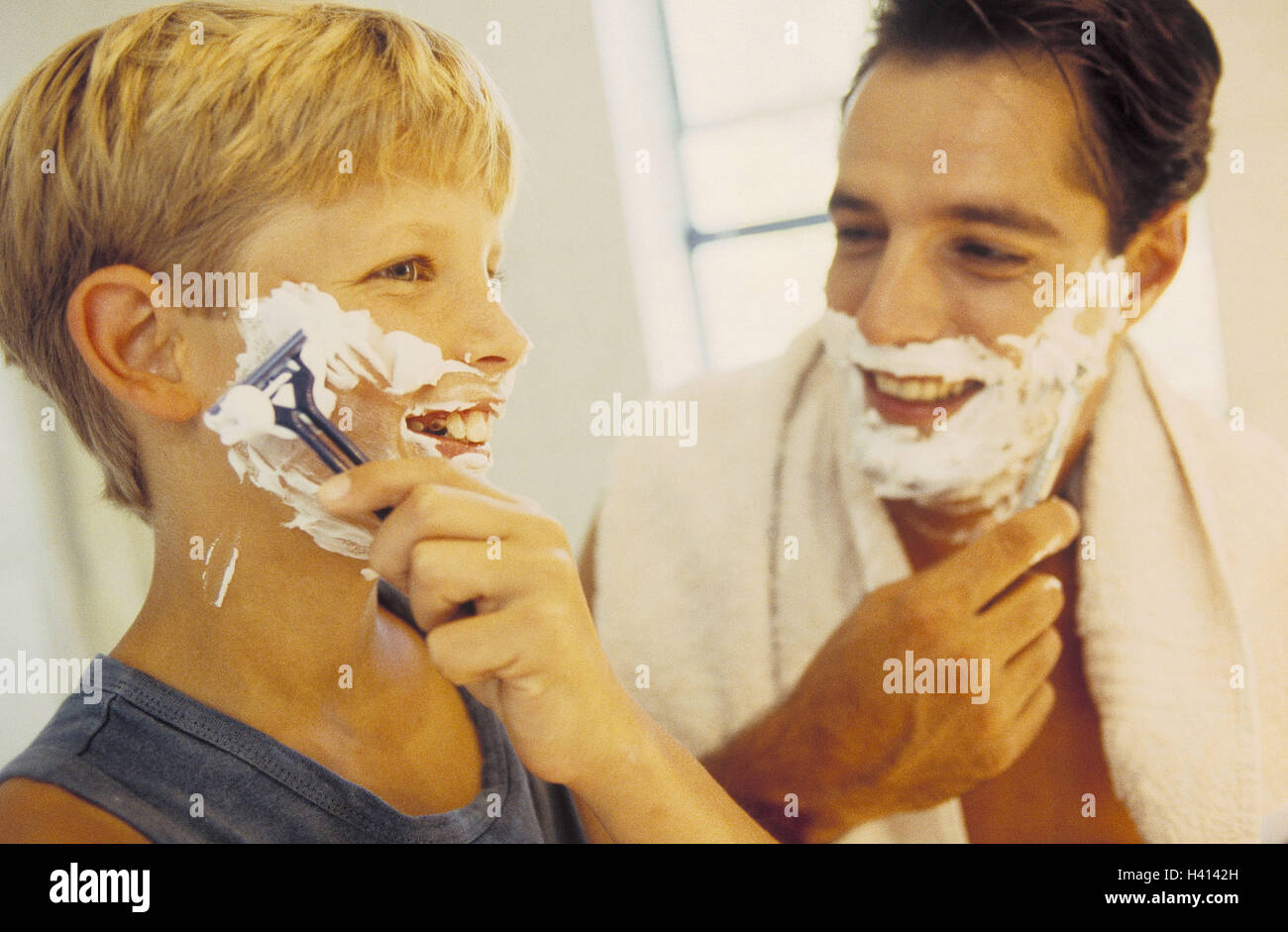 Bathrooms, father, son, wet shave, portrait, man, 30-40 years, parent ...