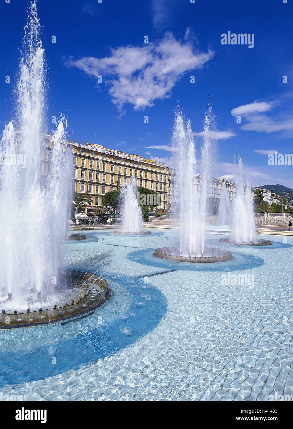 France, Nice, Cote d'Azur, Place Massena, water fountains, Grand Hotel ...