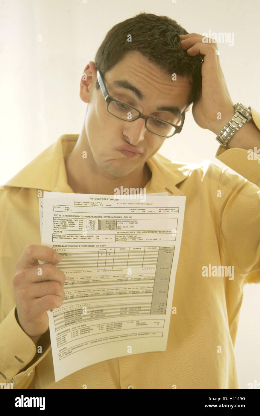 Man, young, payroll, doubtful, half portrait, office workers, account ...