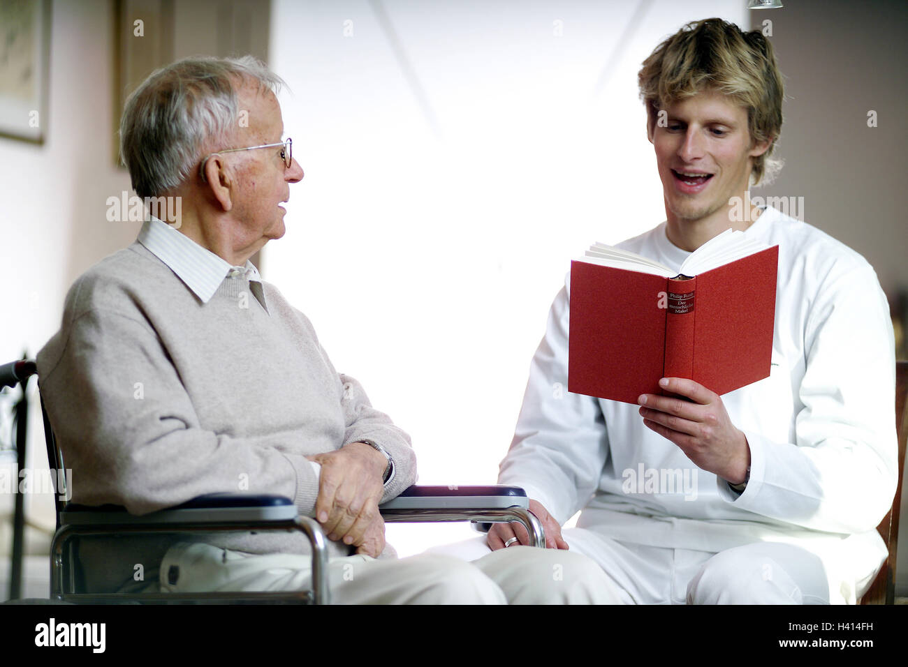 Bank, geriatric nurse, sit, read out boss, invalid's wheel chair, book ...