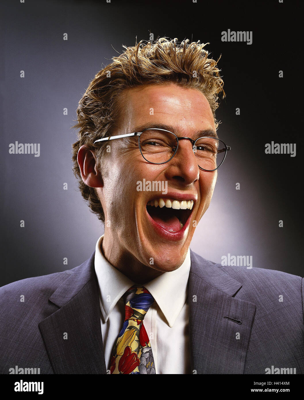 Man, young, glasses, suit, facial play, joy, laugh, laugh at portrait ...