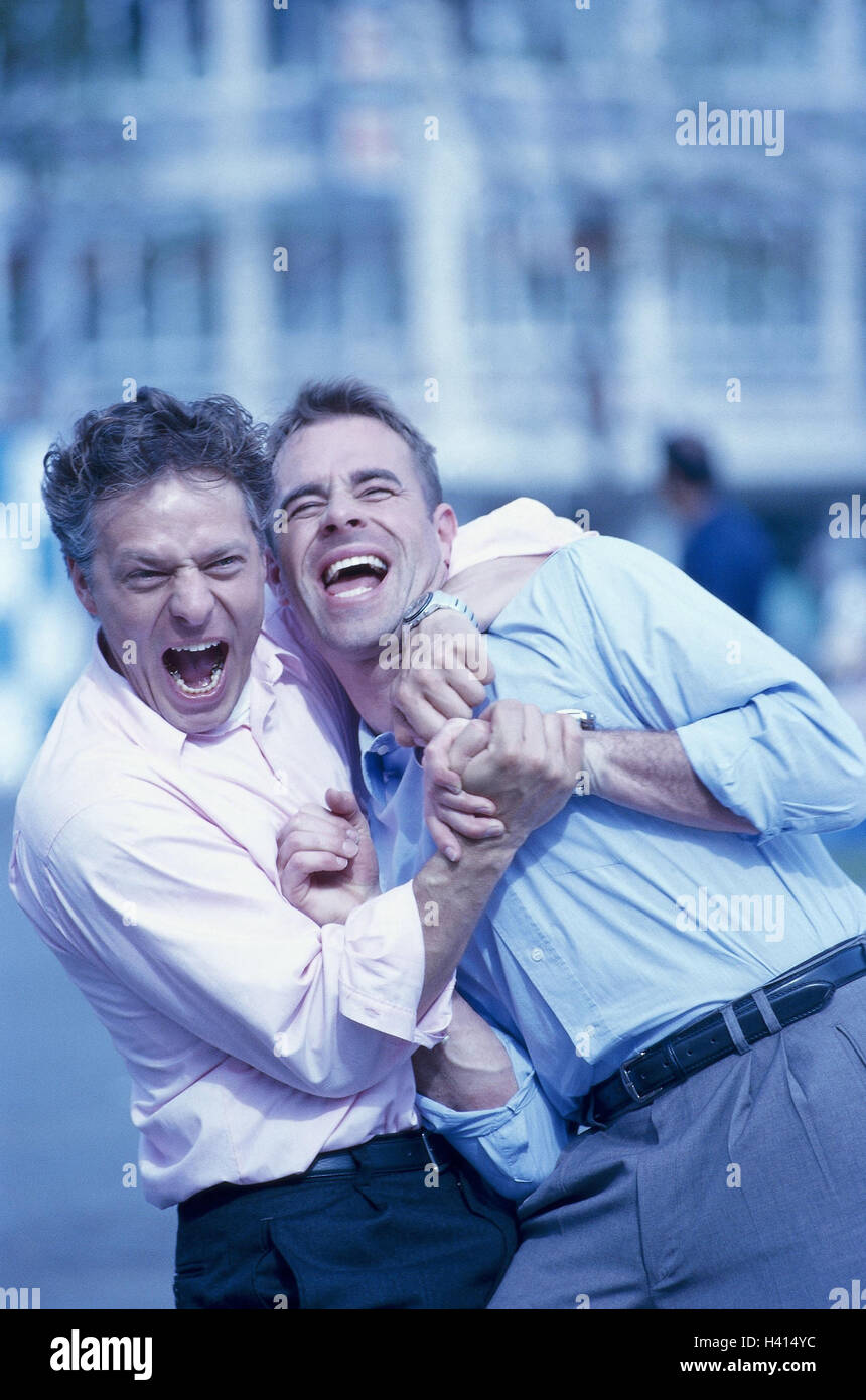 Town, men, embrace, laugh, enthusiasm, joy men, outside, friendship ...