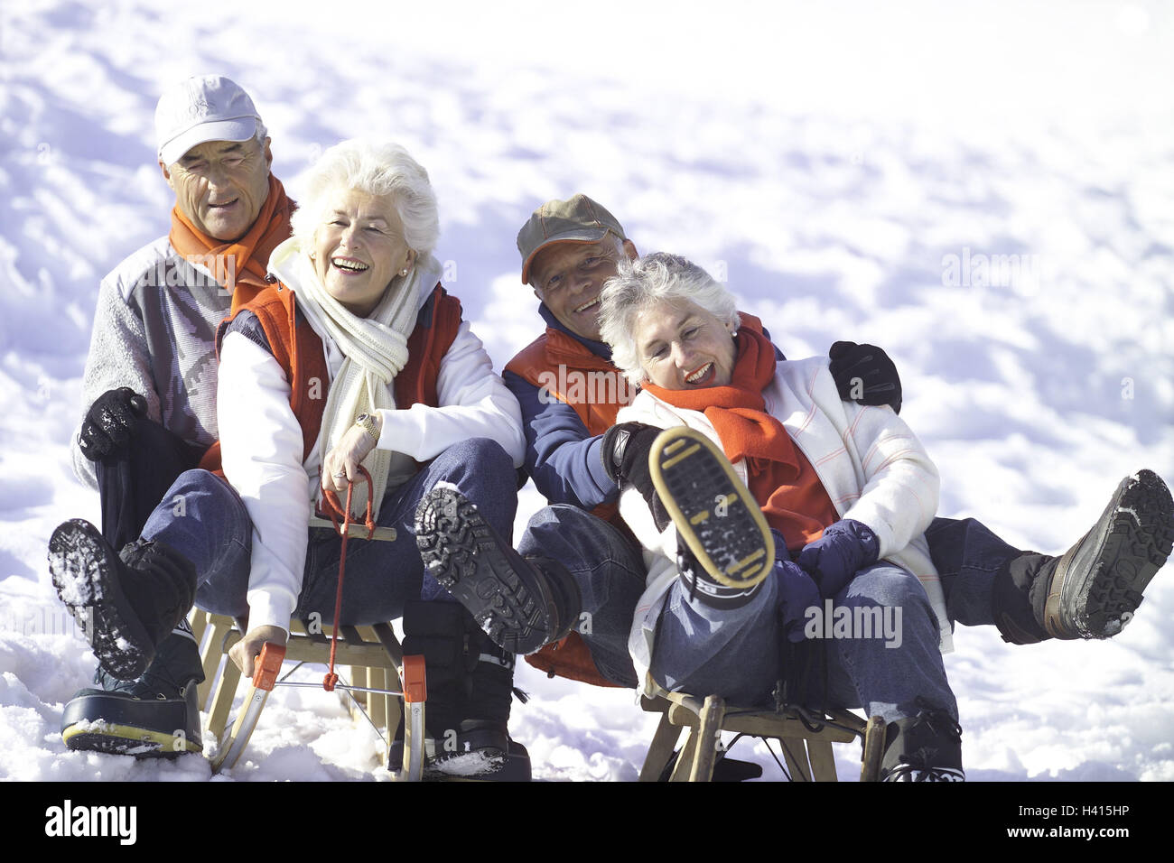 Senior couples, two, sleigh-riding, happy, group picture, 60-70 years ...