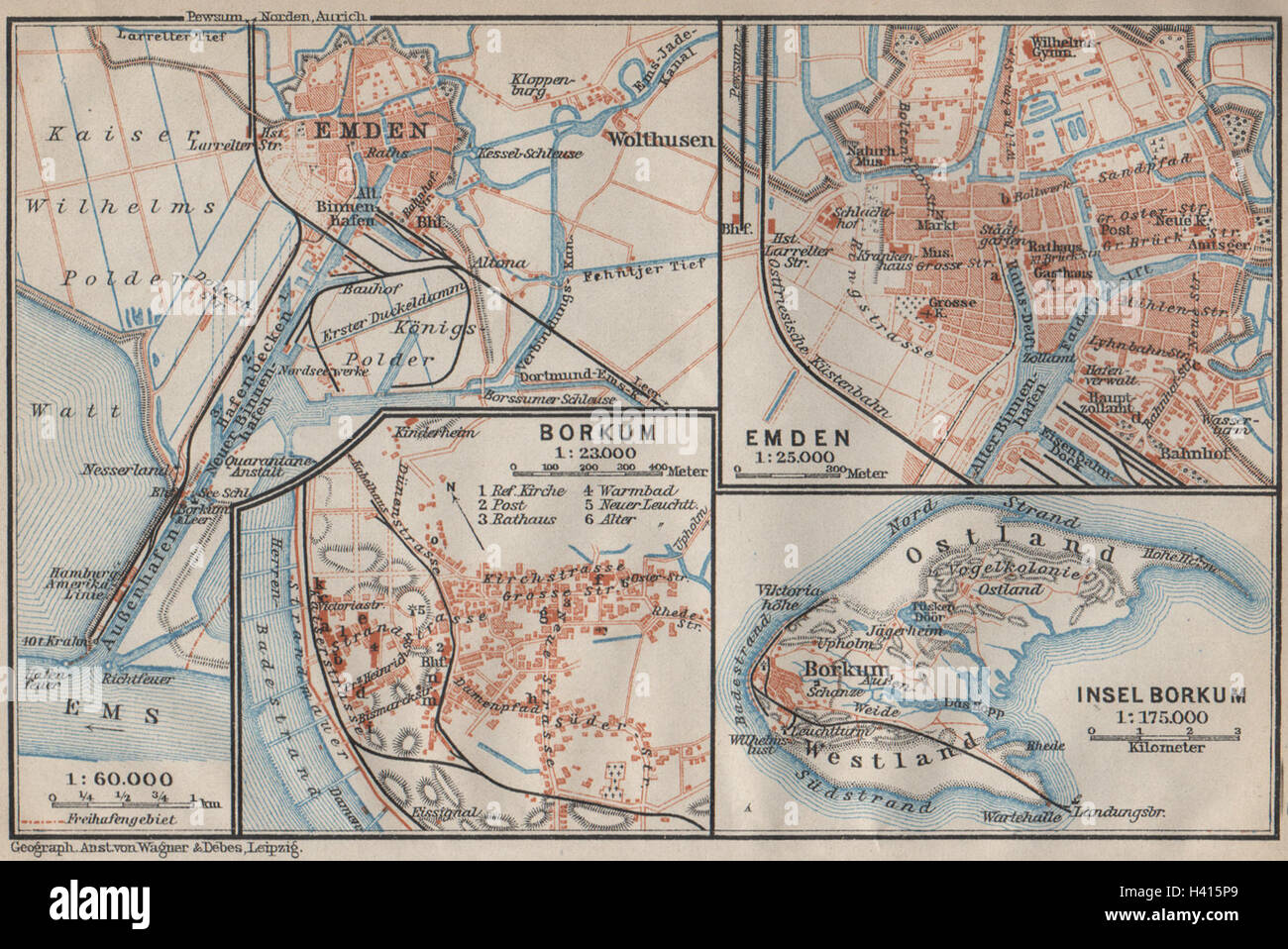 Insel BORKUM & EMDEN antique town city plan stadtplan. Lower Saxony ...