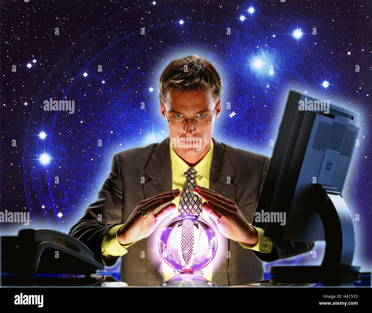 Composing, office, businessman, young, desk, crystal ball, swear ...