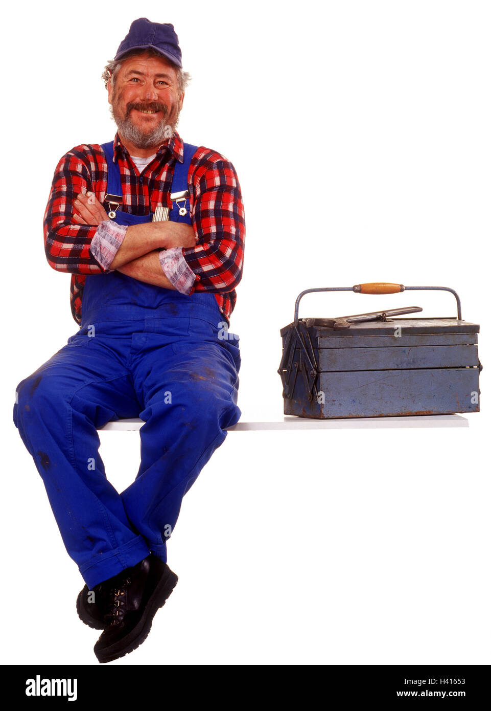 Plumbers, happily, sit, cross toolbox, professions, studio, copy space ...