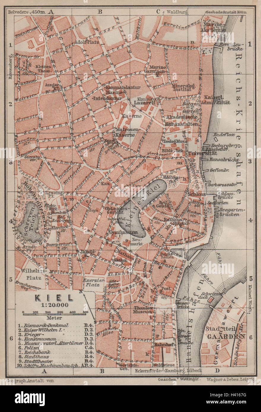 KIEL antique town city stadtplan. Schleswig-Holstein karte. BAEDEKER ...