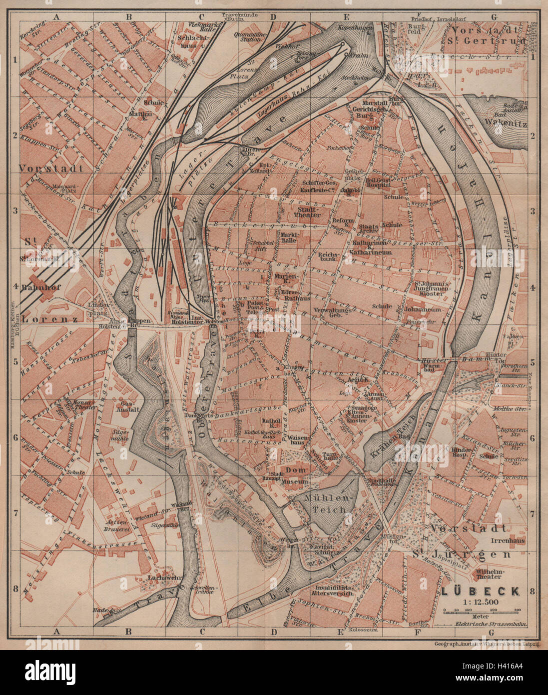 LÜBECK antique town city stadtplan. Schleswig-Holstein karte. BAEDEKER ...