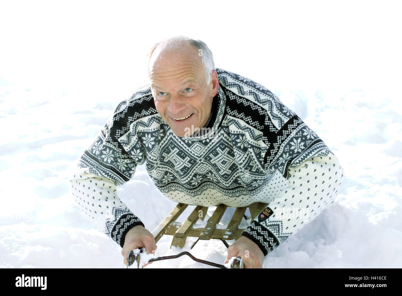 Senior, happy, sleigh-riding, abdominal position, portrait, man, Best ...