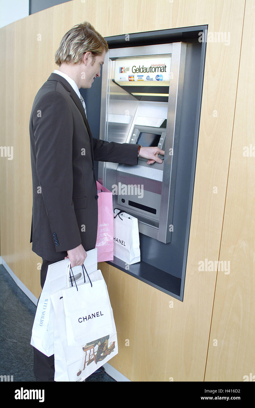 Bank, man, suit, smile, bancomat, carrier bags, noble marks business ...