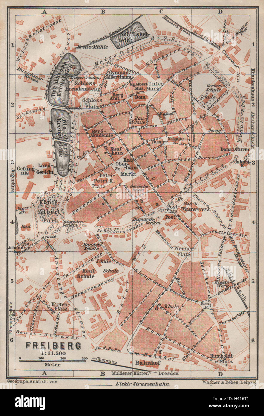 FREIBERG antique town city stadtplan. Saxony karte. BAEDEKER 1910 old ...