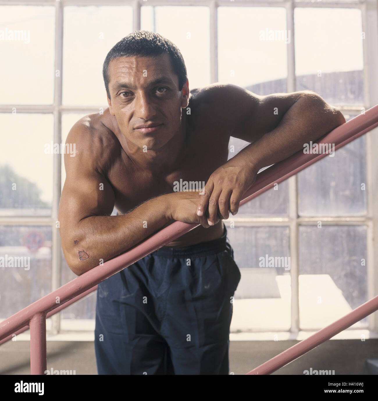 Stairs, man, free upper part of the body, athletic, railing, lean ...