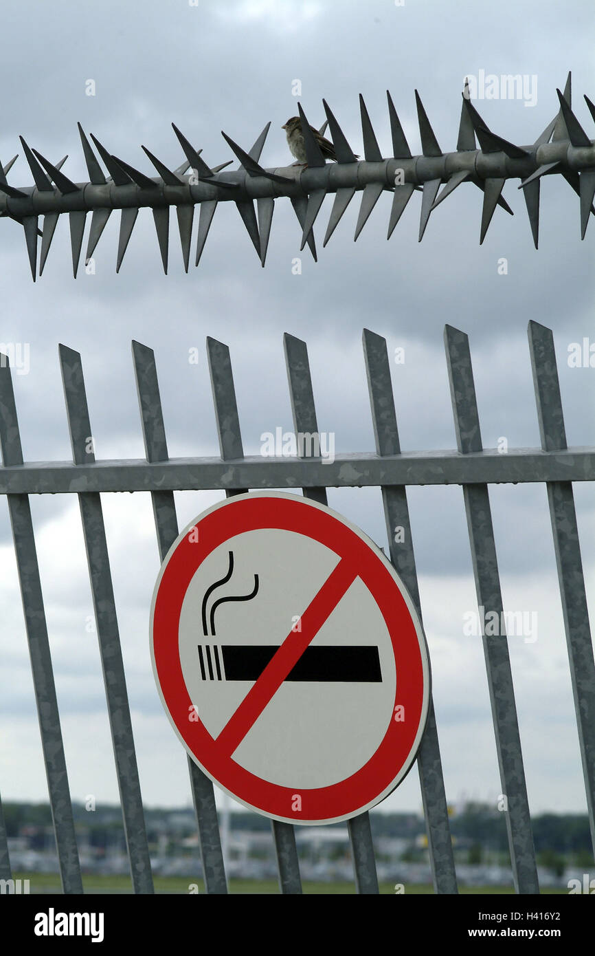 Fence, stings, sparrow, sign, prohibition smoking, blocking ...