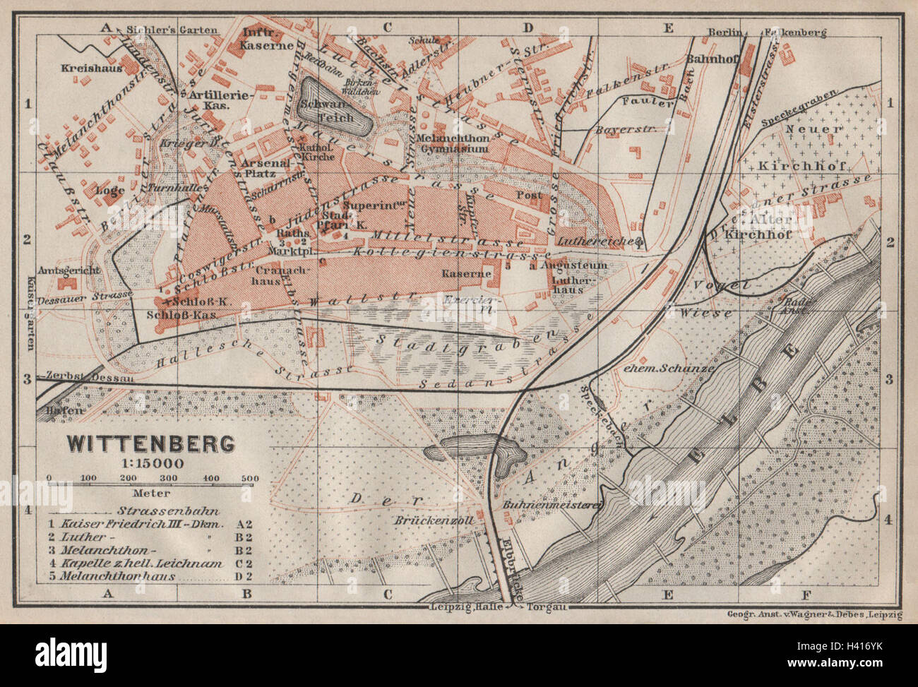 WITTENBERG antique town city stadtplan. Saxony-Anhalt karte. BAEDEKER ...