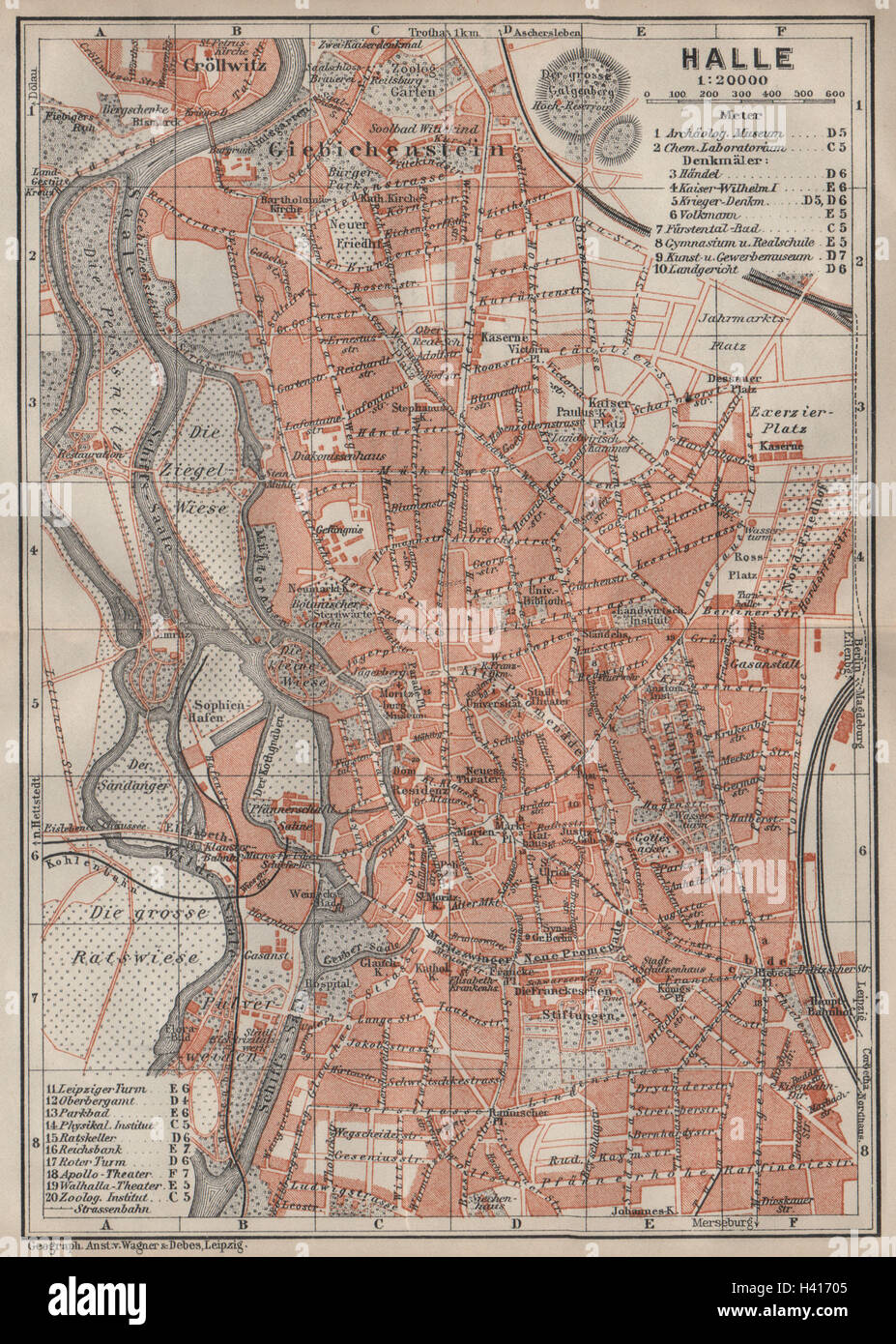 HALLE antique town city stadtplan. Saxony-Anhalt karte. BAEDEKER 1910 ...