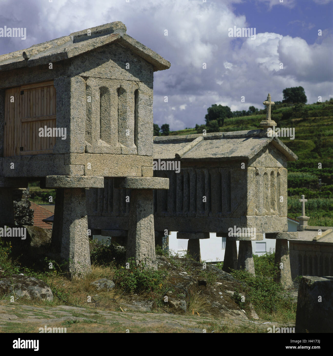Portugal, Minho, Lindoso, granary "Horreos", mountain village ...
