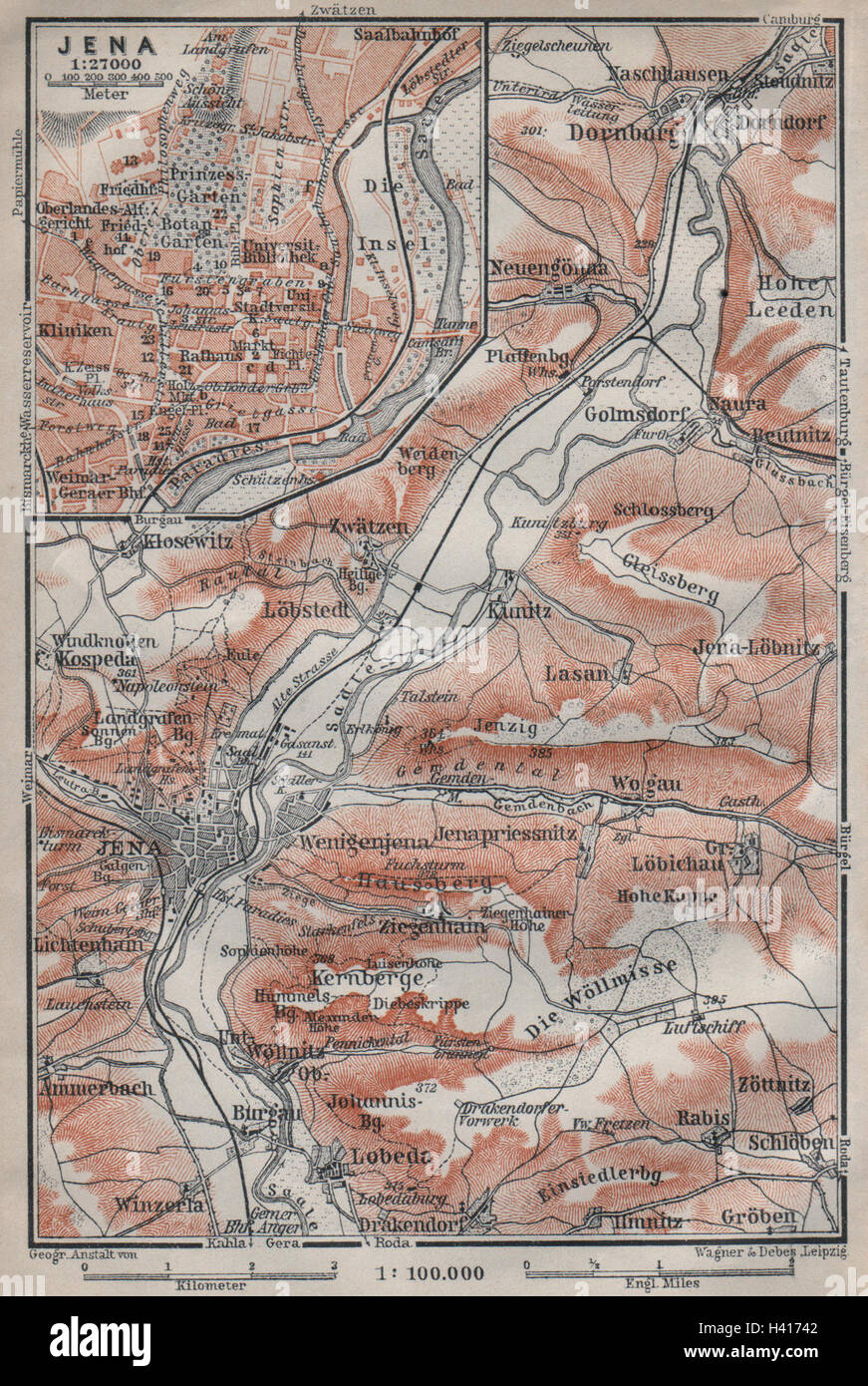 JENA & environs/umgebung. Dornburg. Thuringia karte. BAEDEKER 1910 old ...