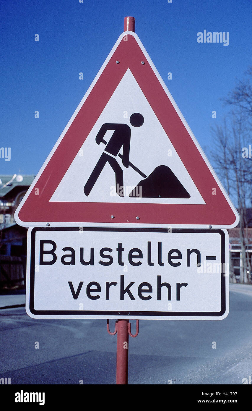 Traffic signs, men at work traffic, outside, summer, heaven, blue, men at work, street Stock ...