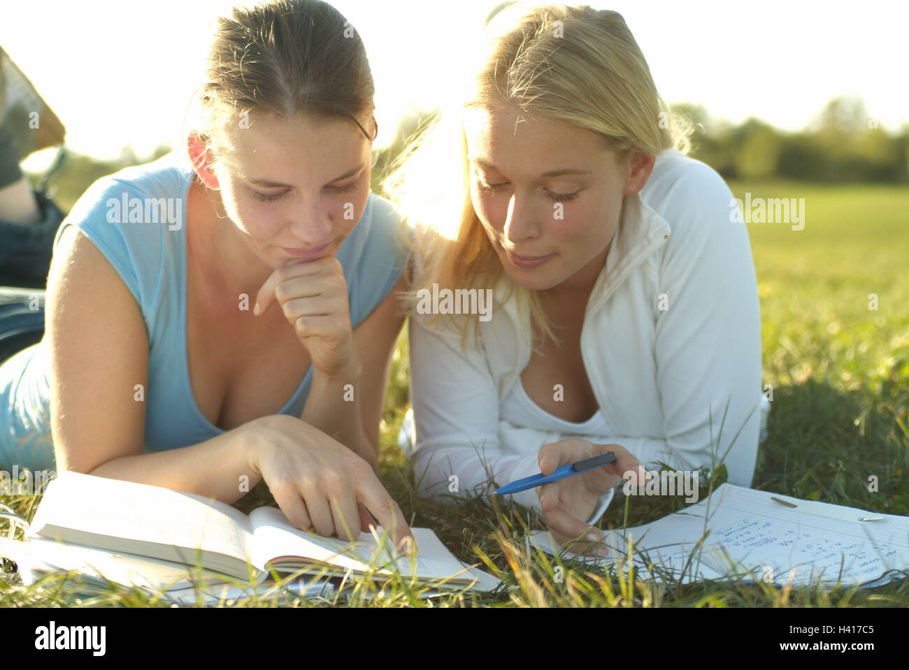 Meadow, friends, lie, learn bases, portrait, teenager, young persons ...