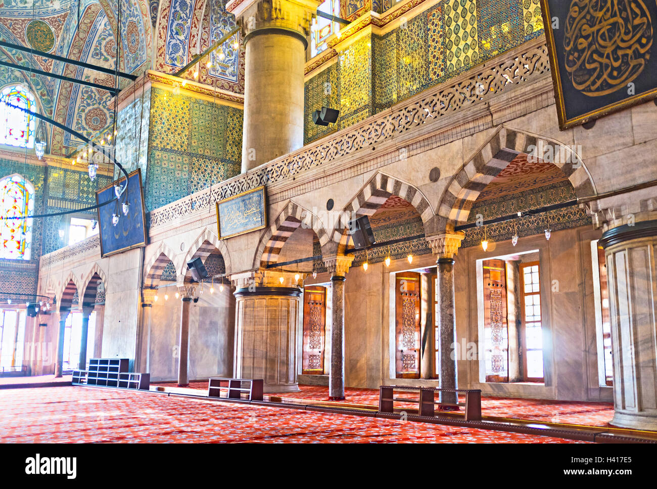 The Blue Mosque decorated with the blue tiles and carved stone Stock ...