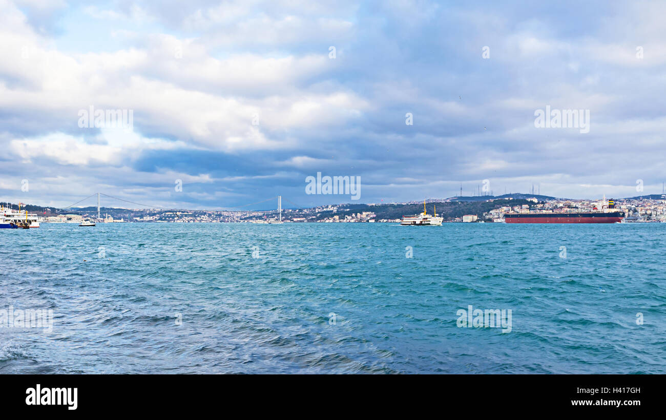 The cloudy sky over the wide Bosphorus strait with the Bosphorus bridge ...