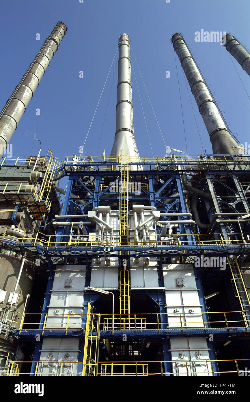 Refinery plant, detail, from below, petroleum refinery, refinery ...