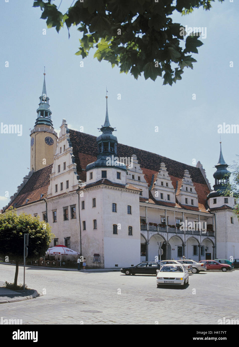 Poland, Silesia, Brieg, city hall, street, cars, Europe, Rzeczpospolita ...