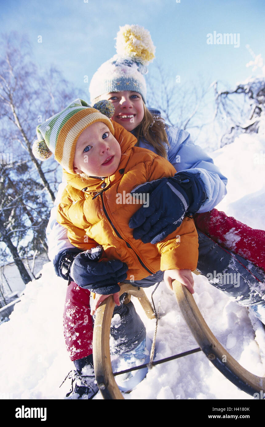 Snow inclination, girl, together, sleigh-riding children, childhood, 2 ...