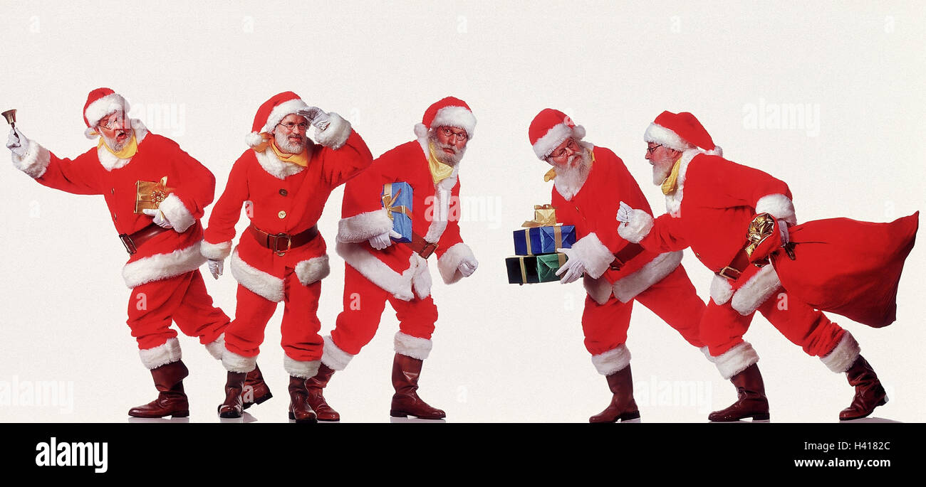 Santas, presents, gesture, haste, hectic rush, mess, studio, copy space ...