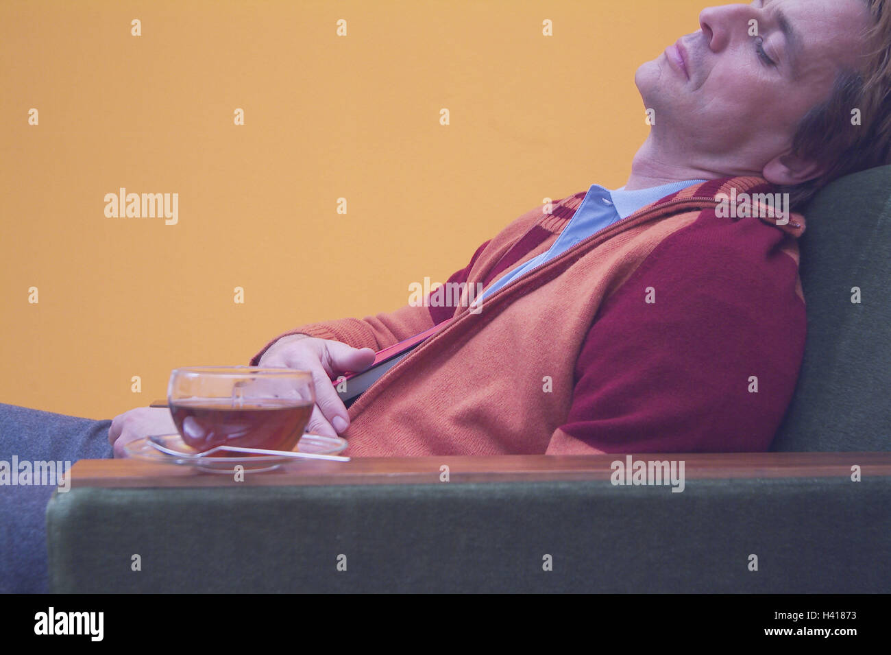 Armchairs, man, sleep, detail, side view, armrest, teacup, 37 years ...