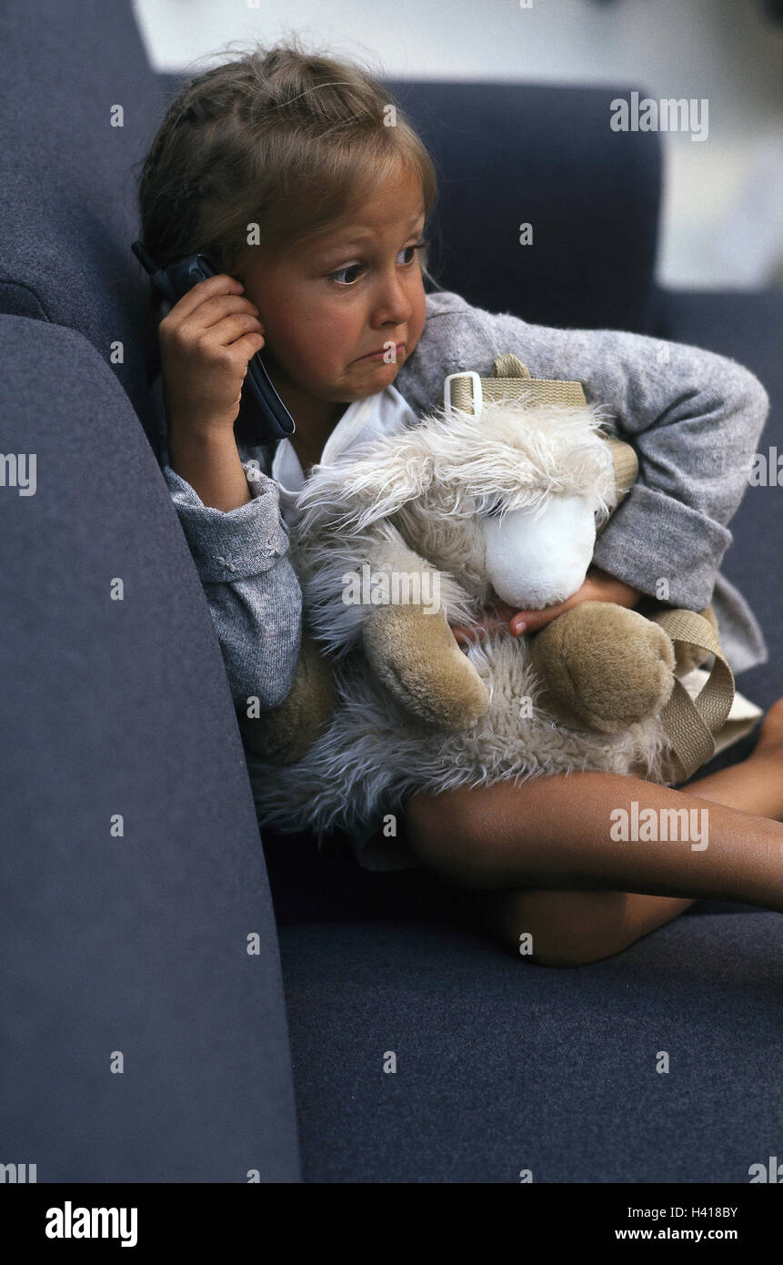 Sofa, girl, call up, facial play, sulk inside, couch, child, phone ...