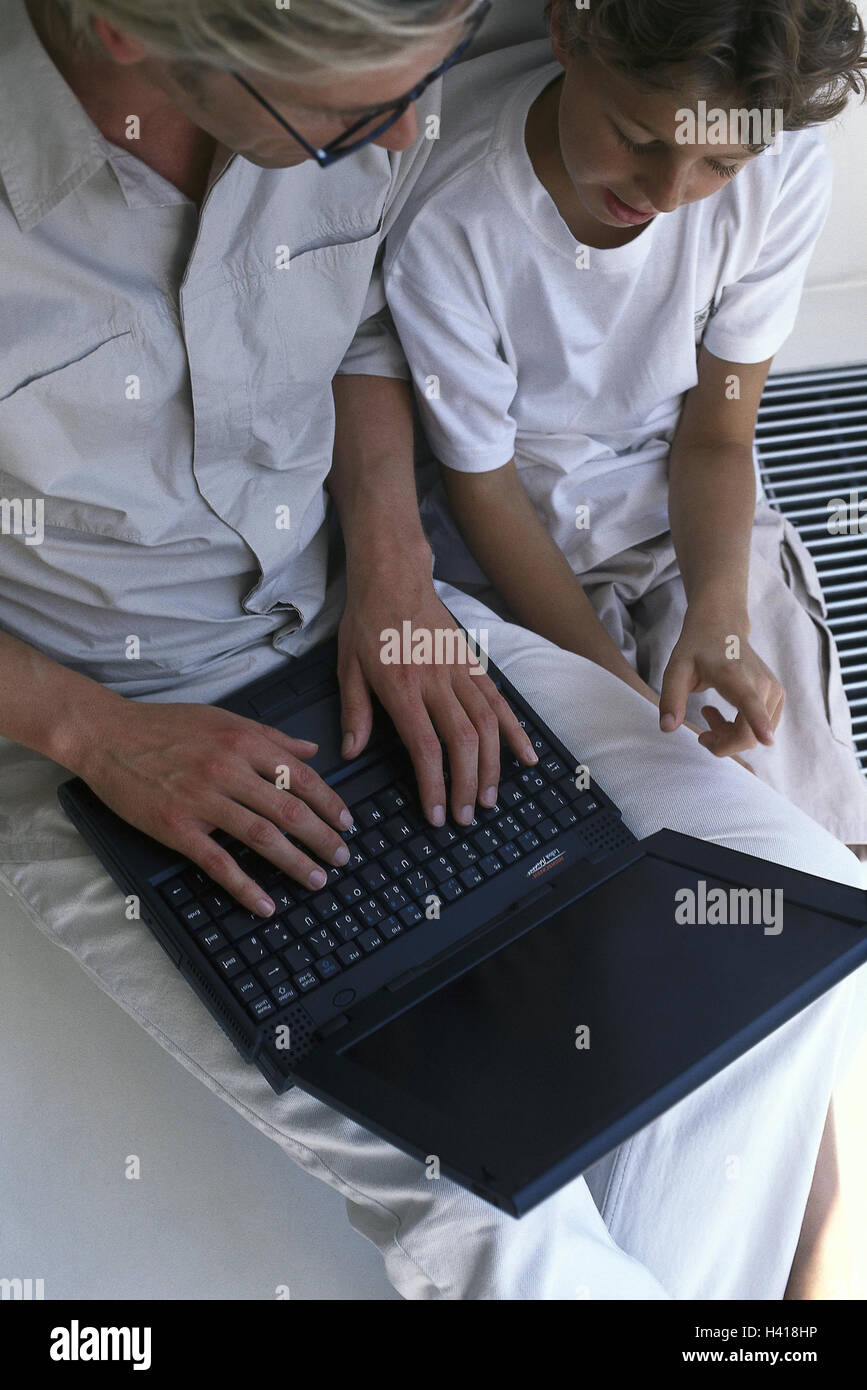 Father, son, notebook computer, gesture, sit, man, child, boy, computer ...