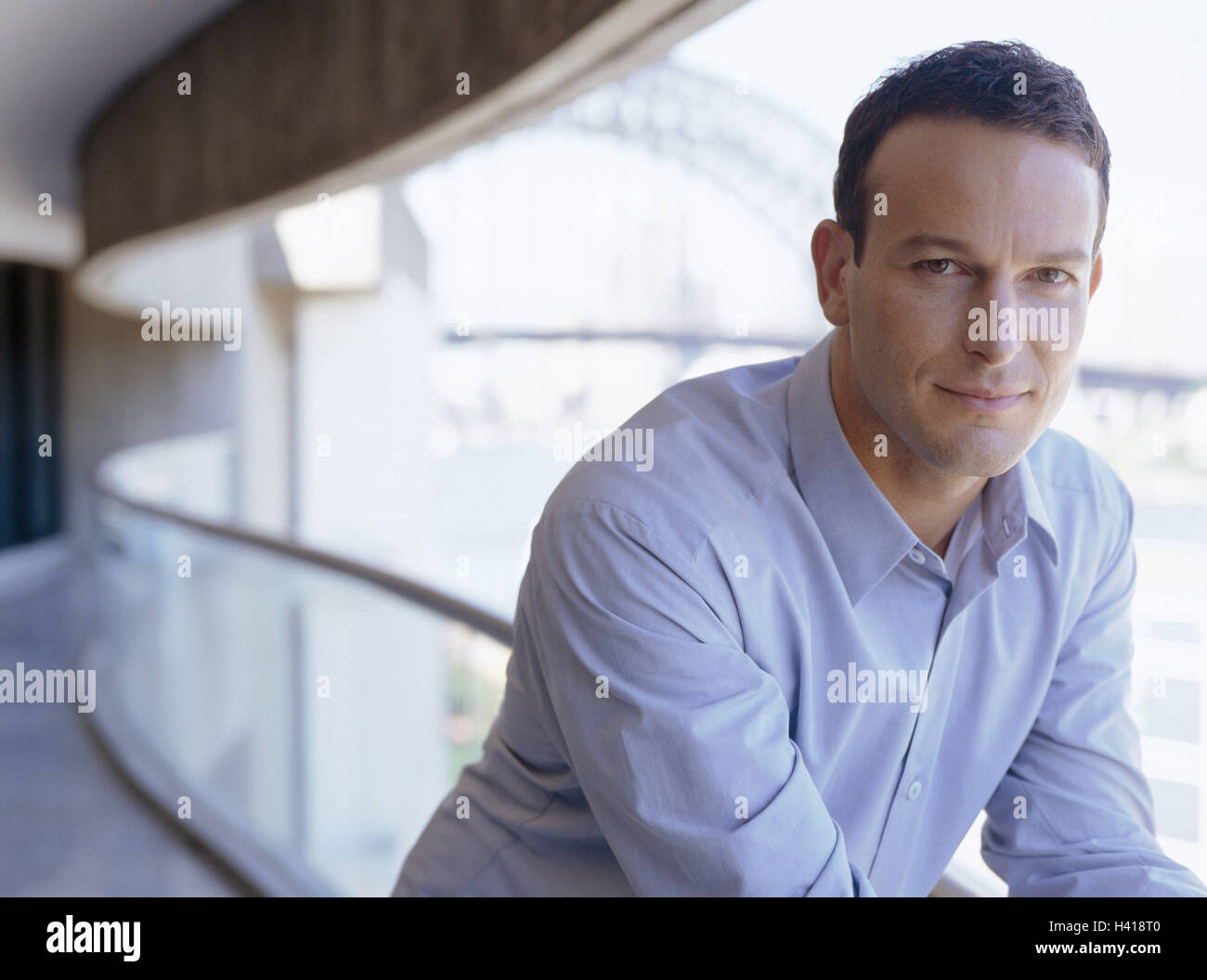 Office buildings, hall, glass front, man, portrait, business, business ...