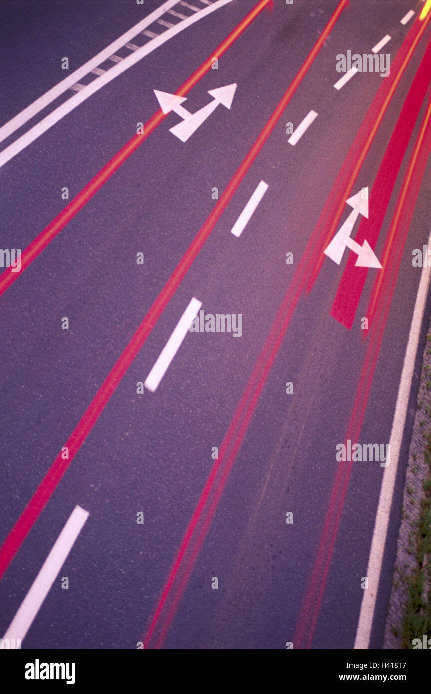 Street, road marking, arrows, directions, differently, light tracks ...