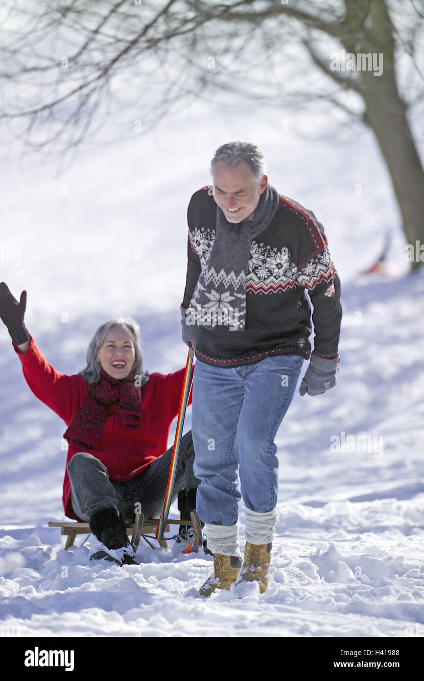 Senior, happy, slides, drag, woman, sit, gesture, fun Senior couple ...