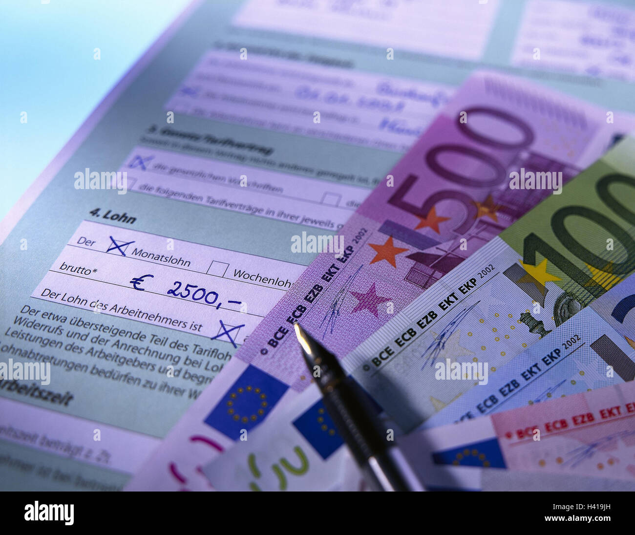 Employment contract, detail, reward, bank notes, euro money, cash, euro ...