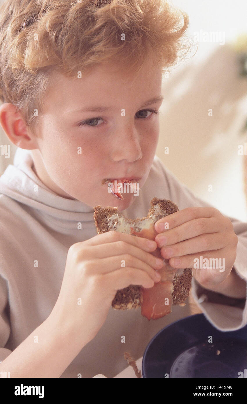 Table, boy, bread, eat, portrait, sit inside, at home, child, red ...