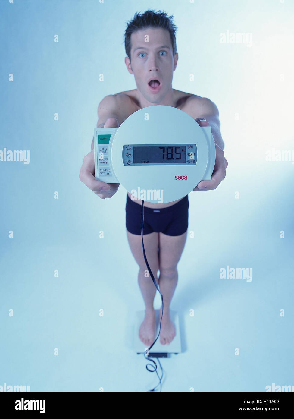 Man, boxers, bathroom scales, facial play, terror, inside, young, body ...