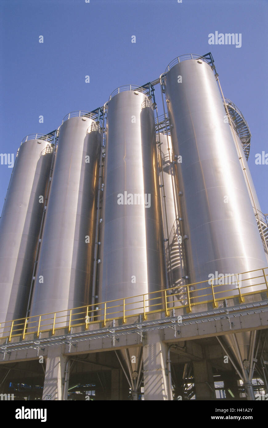 Refinery, warehouse tanks, from below, industrial plant, petrochemistry ...